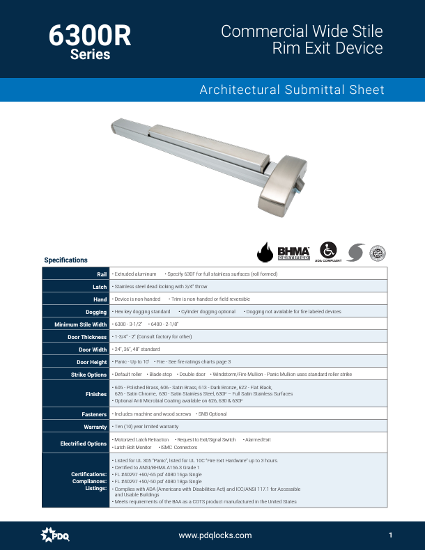 6300 Series Wide Stile Rim Exit Device | PDQ Locks