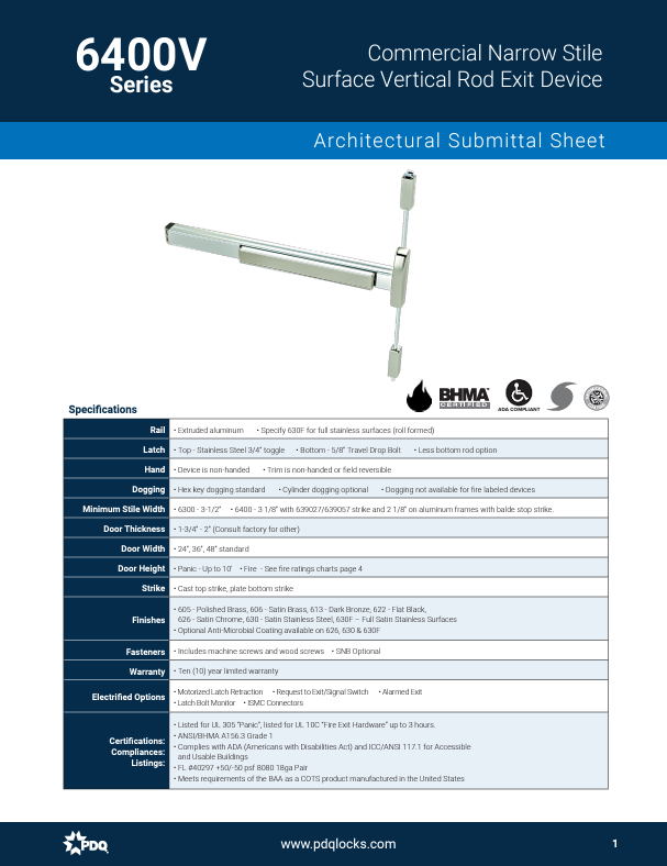 6400 Series Surface Vertical Rod Exit Device | PDQ Locks
