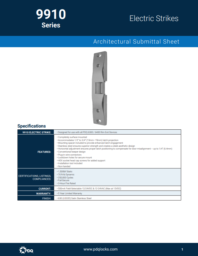 9910 Electric Door Strike For Exit Devices | PDQ Locks