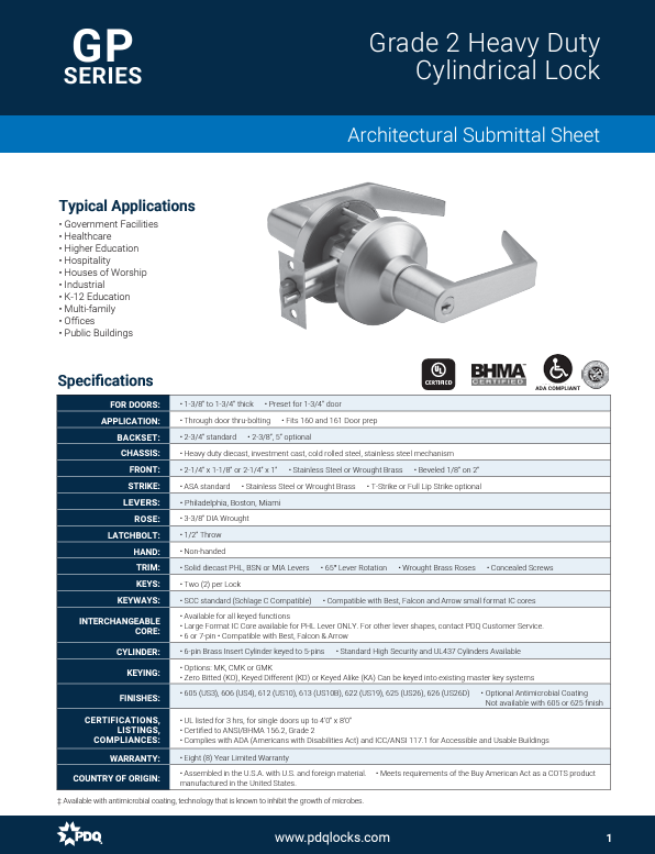 GP Series Grade 2 Cylindrical Lock | PDQ Locks